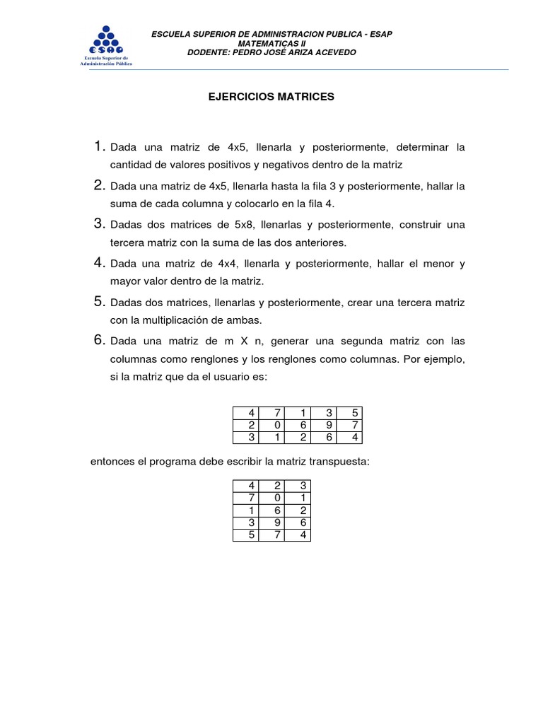 Taller 1 - Ejercicios - Matrices | PDF