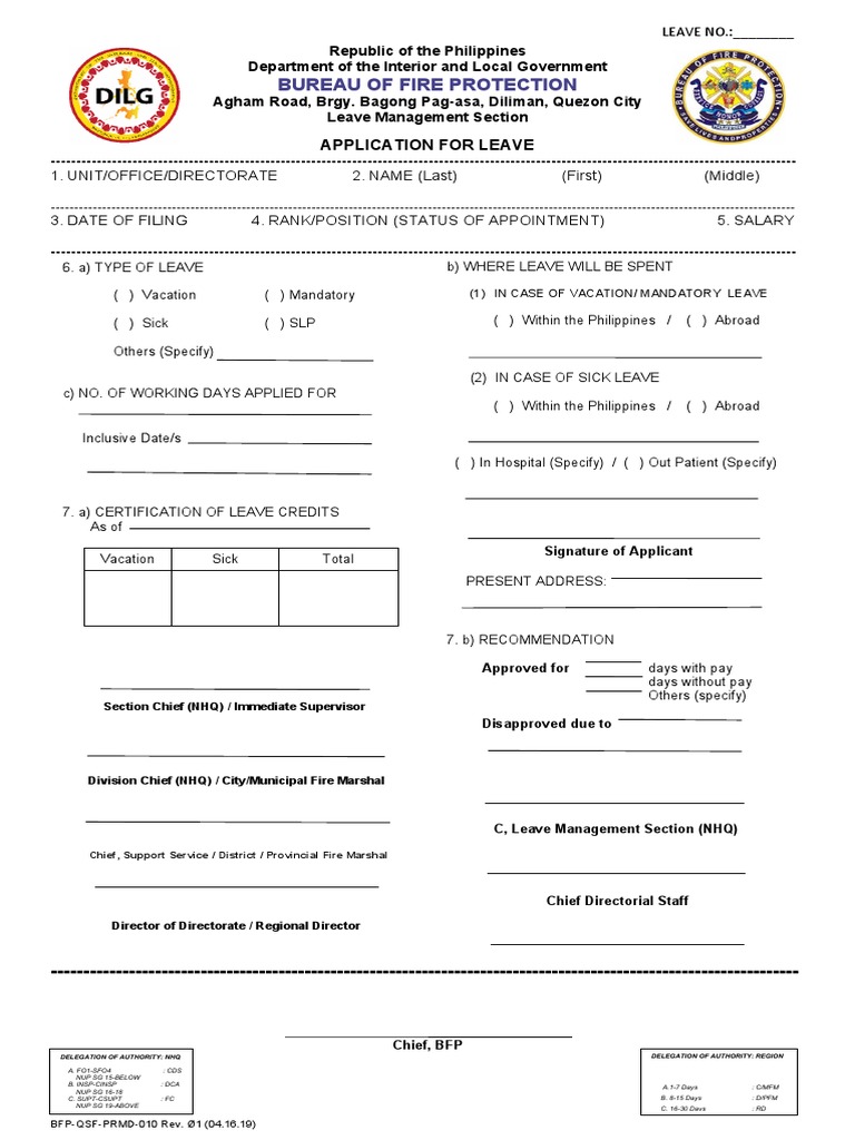 10F BFP Revise Application For Leave Rev01 041619 | PDF | Government