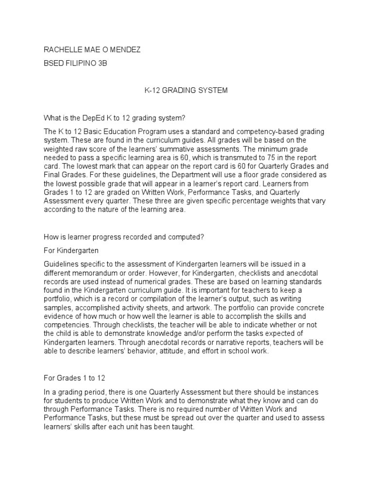 K-12 Grading System | PDF