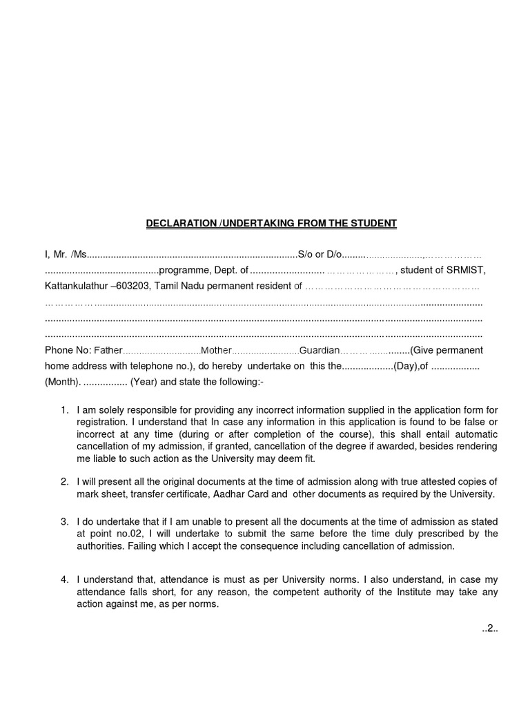 Declaration and Undertaking From The Student SRM | PDF | Government | Justice