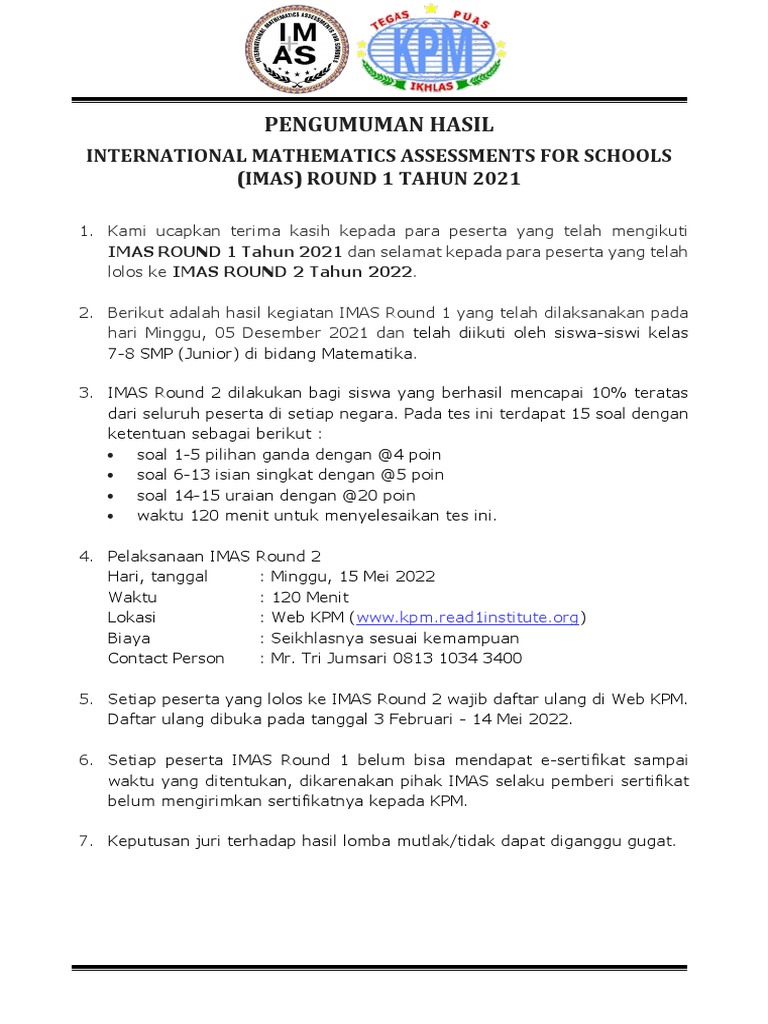 Hasil IMAS Kelas 7-8 (Junior) | PDF