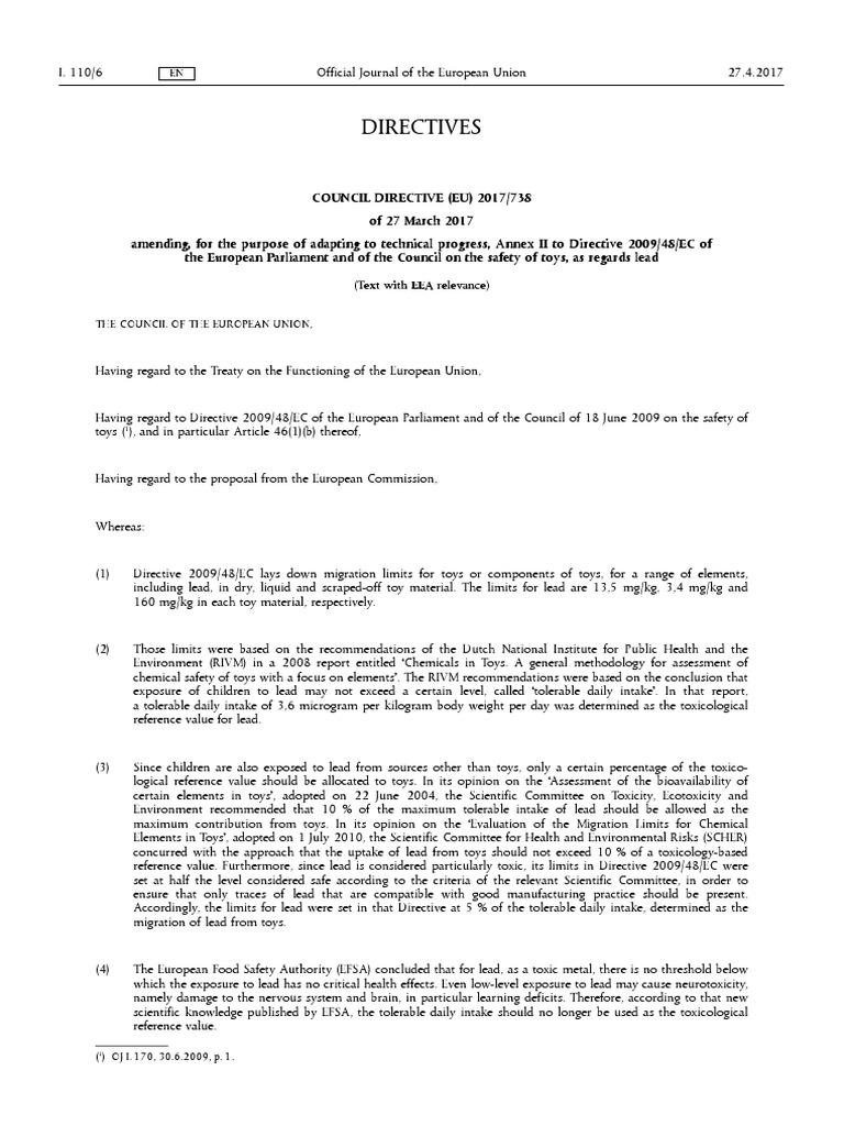 EU Directive 2017/738: Toy Lead Safety Update | PDF | Toxicity ...