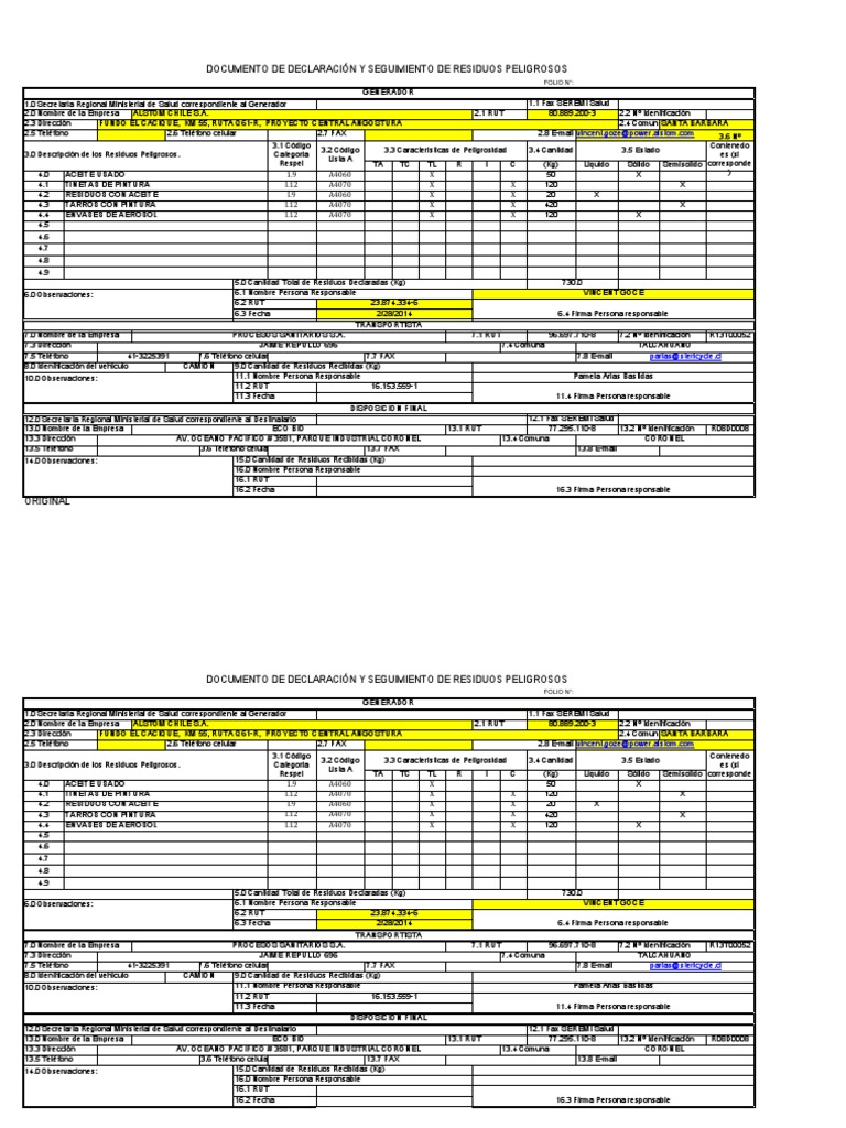 Declaracion Residuos Peligrosos Formato | PDF | Sustancias químicas | Compuestos químicos