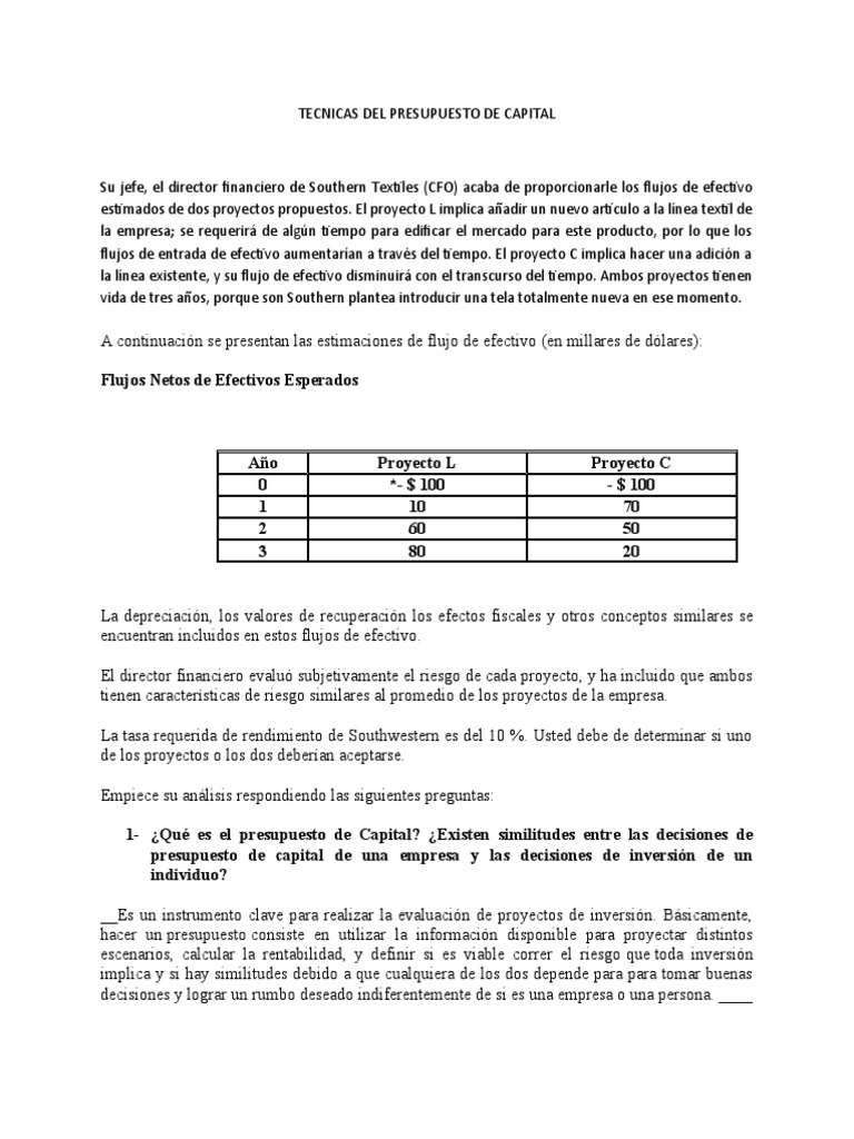 Practica Tecnicas Del Presupuesto de Capital. | PDF | Tasa interna de retorno | Presupuesto