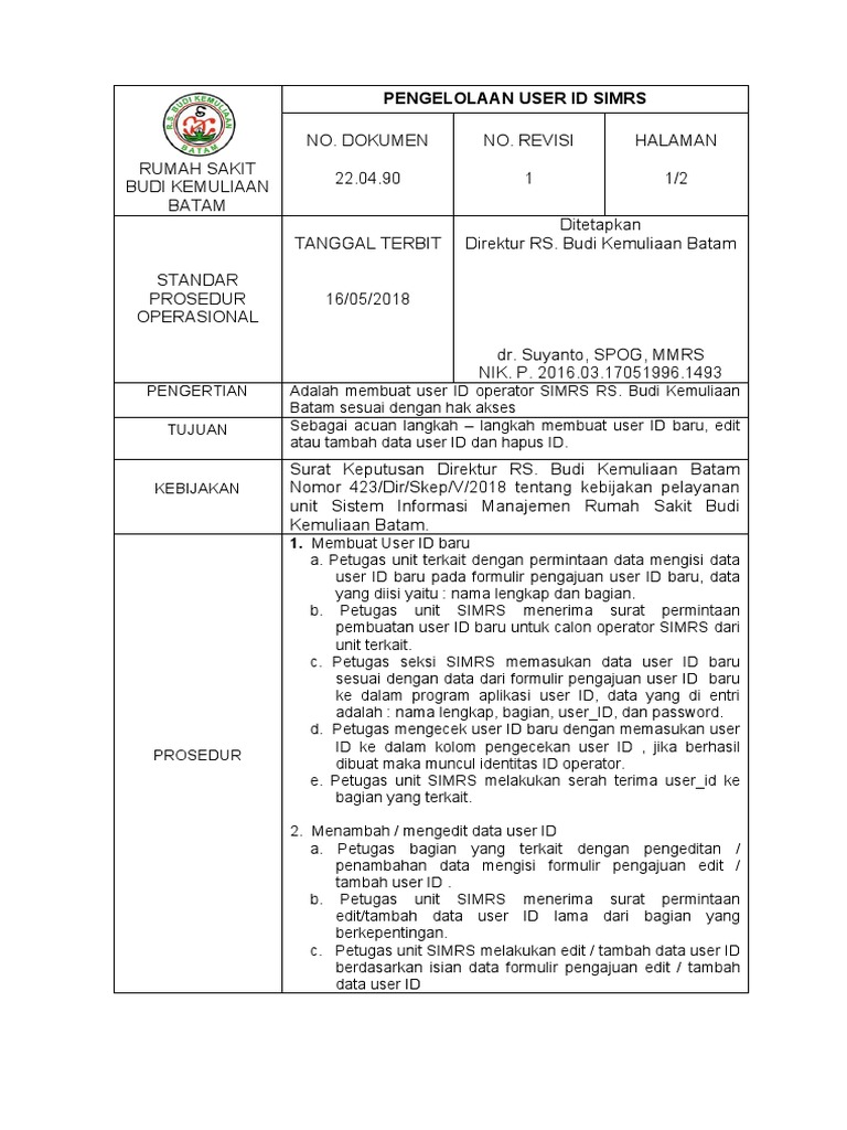 SOP Pengelolaan USER ID SIMRS | PDF