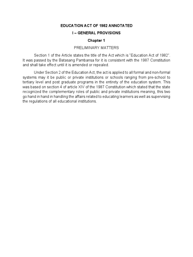 Education Act of 1982 Annotated I - General Provisions | PDF | Teachers ...