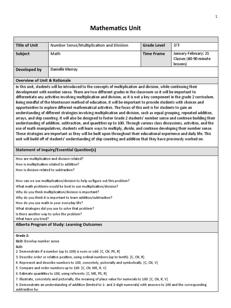 Math Unit Multiplication Division Number Sense | PDF | Educational ...