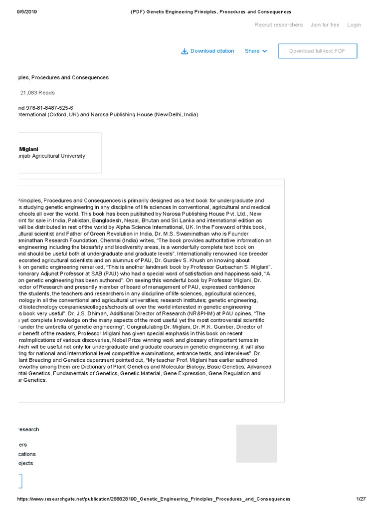 (PDF) Genetic Engineering Principles, Procedures and Consequences | PDF ...