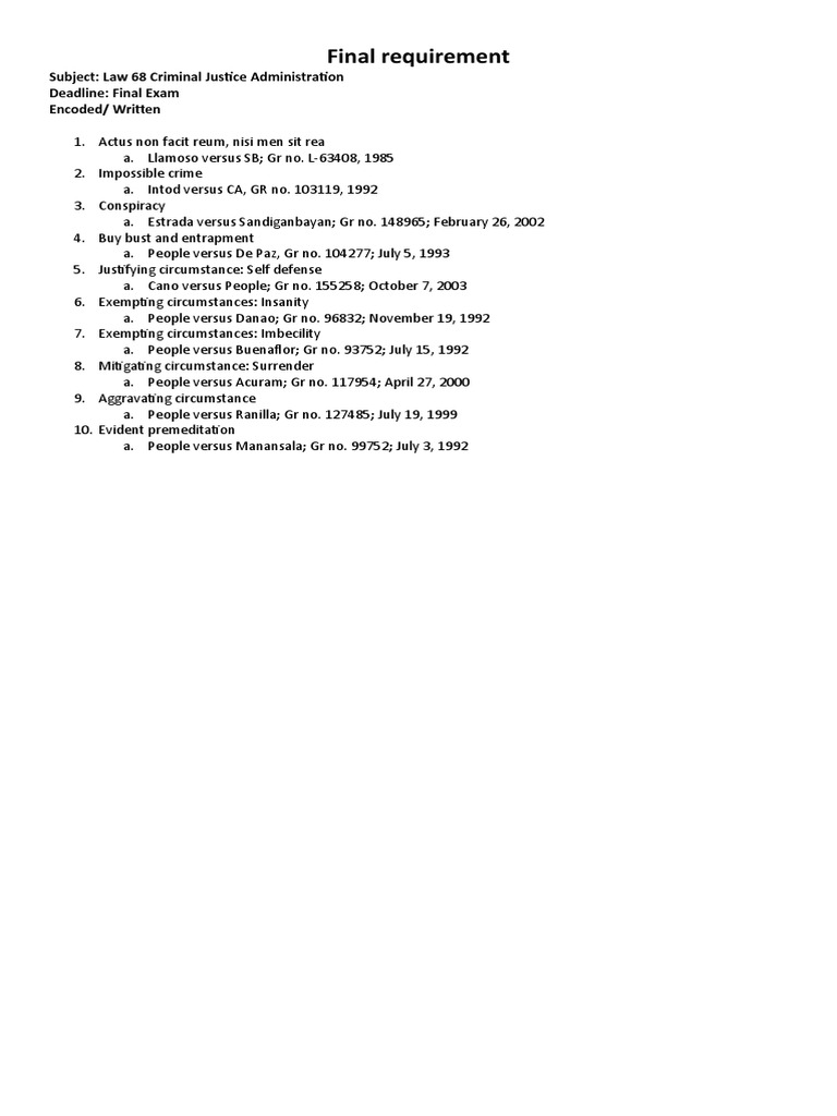 Final Requirement: Subject: Law 68 Criminal Justice Administration ...