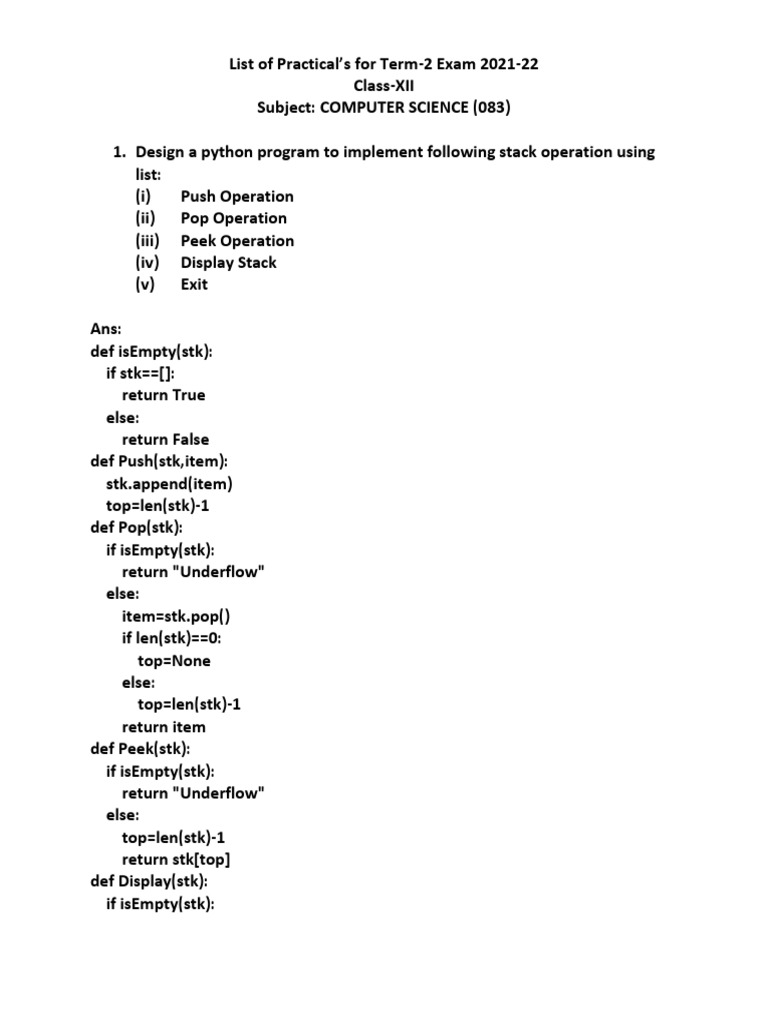 Practical's for Term-2 Exam on Python Stack Operations & MySQL Queries ...