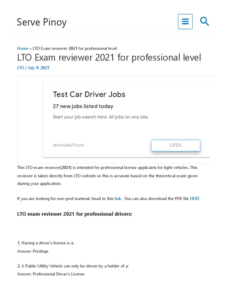 LTO Exam Reviewer 2021 For Professional Level - Serve Pinoy | PDF ...