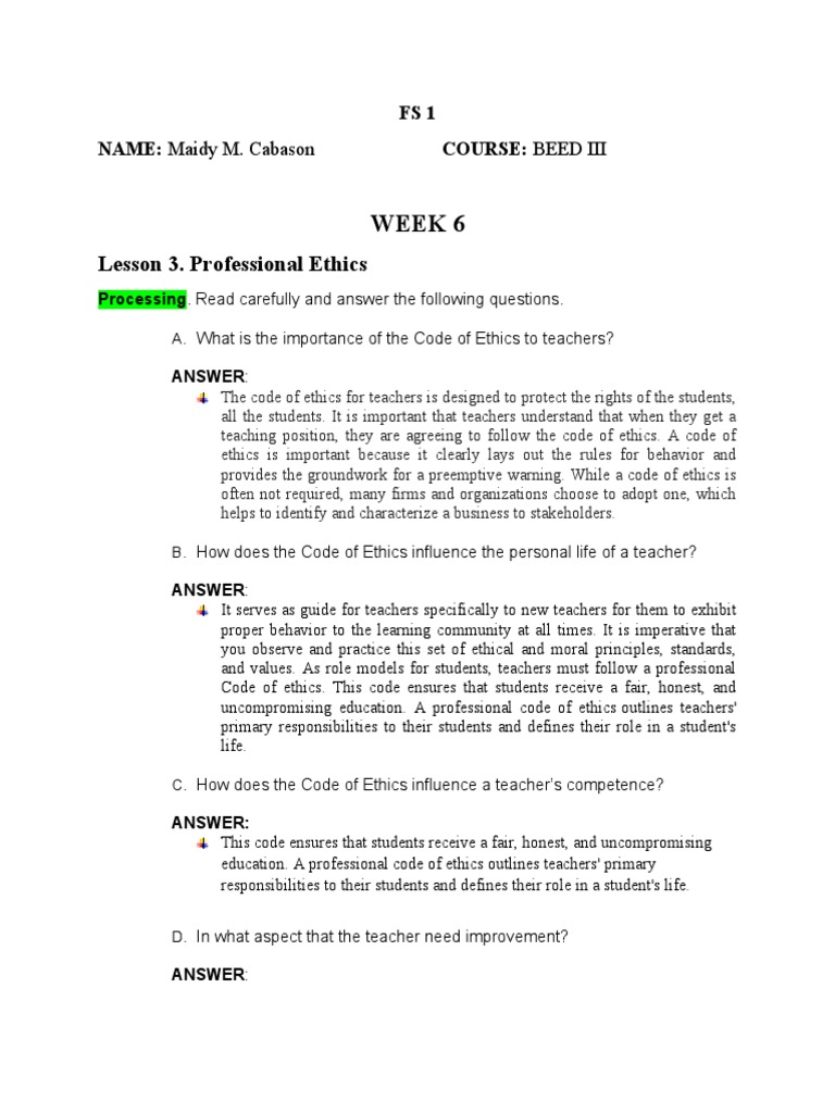 Promoting Professional Ethics: An Analysis of a Teacher's Reflection on the Importance of ...