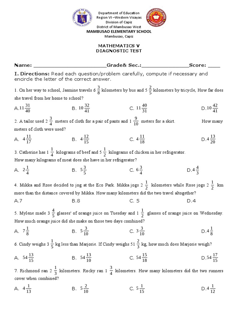 Mambusao Elementary School Math Diagnostic Test | PDF