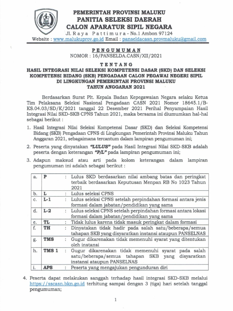 Pengumuman Hasil Integrasi SKD SKB OK | PDF
