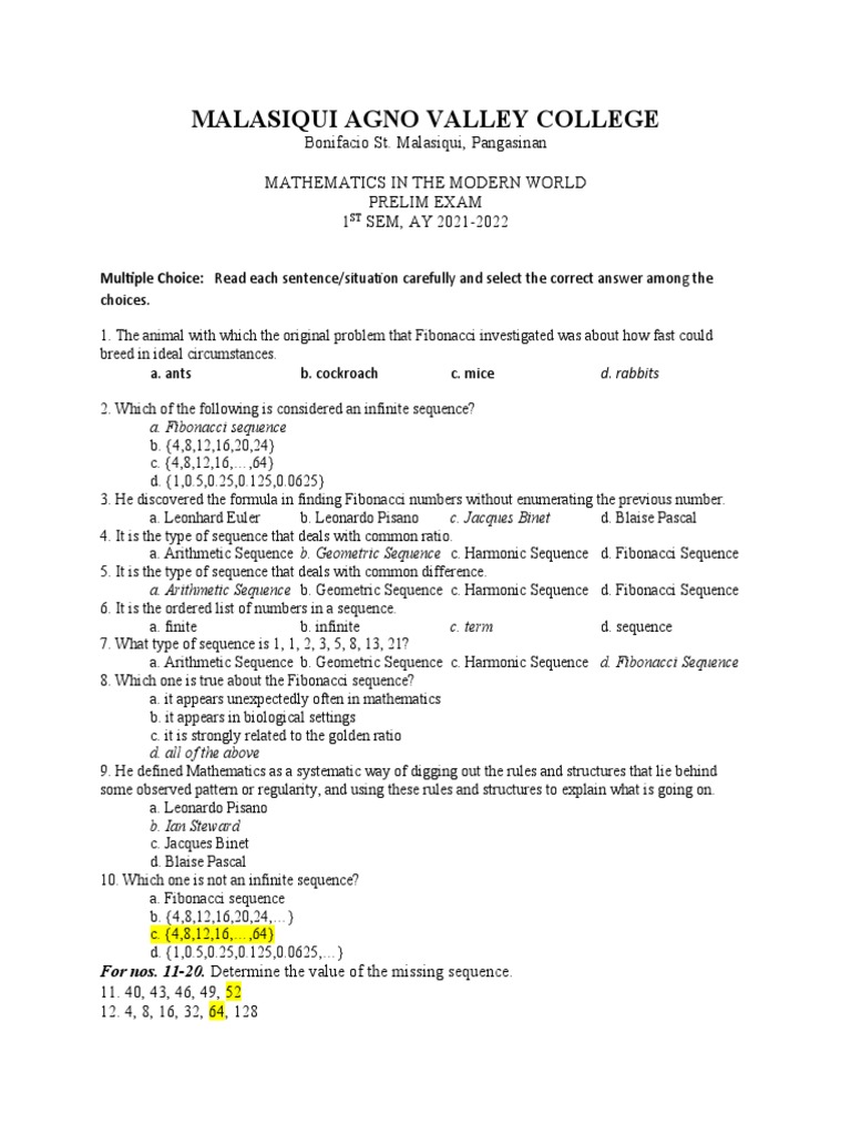 MMW Prelim | PDF | Sequence | Mathematics