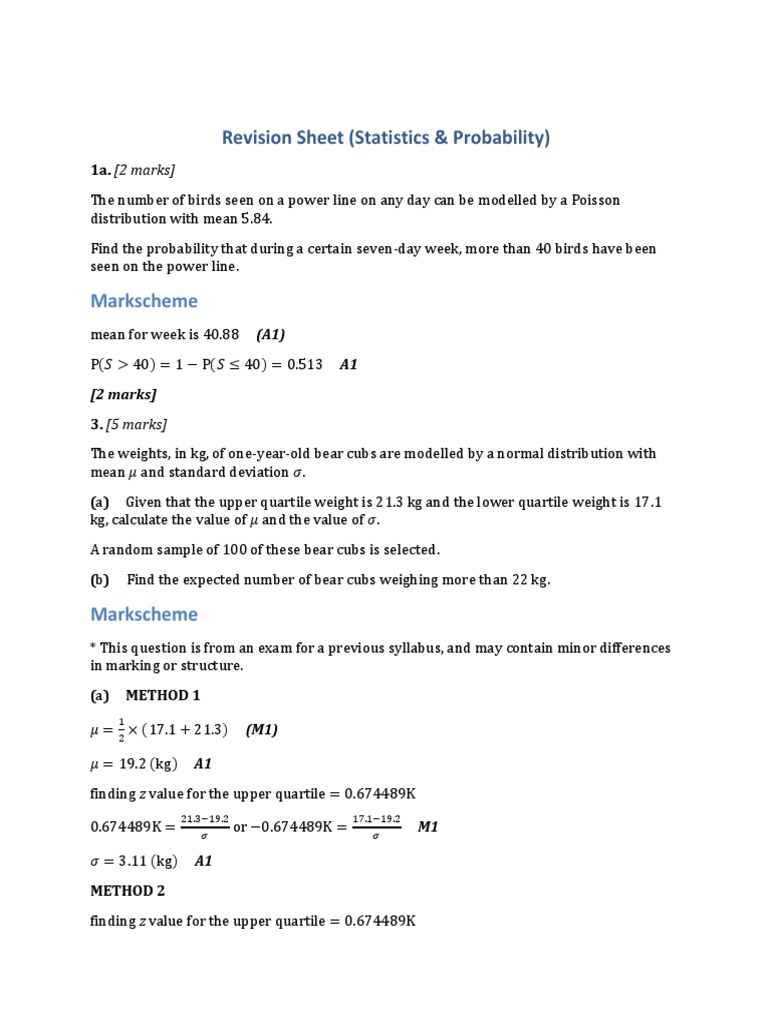 Revision Sheet (Statistics & Probability) : Markscheme | PDF | Normal ...