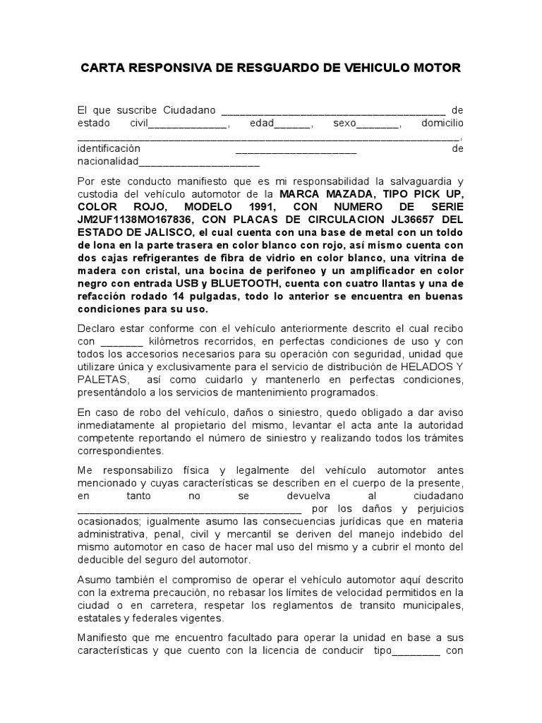 Carta Responsiva de Resguardo de Vehiculo Motor | PDF | Vehículos de ...
