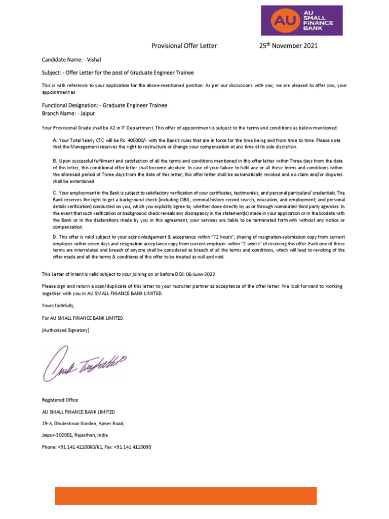 AU Small Finance Bank Offer Letter | PDF | Background Check | Government