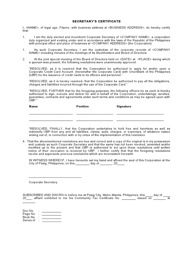 UBP Corp Credit Card Secretary's Certificate | PDF | Common Law | Legal ...