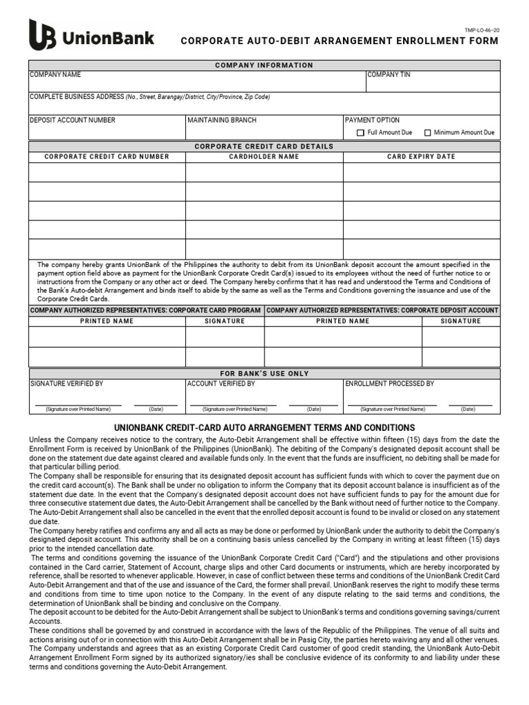 Corporate Auto-Debit Arrangement Enrollment Form | PDF | Credit Card ...