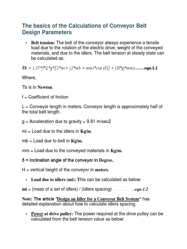 The Basics of The Calculations of Conveyor Belt Design Parameters | PDF ...