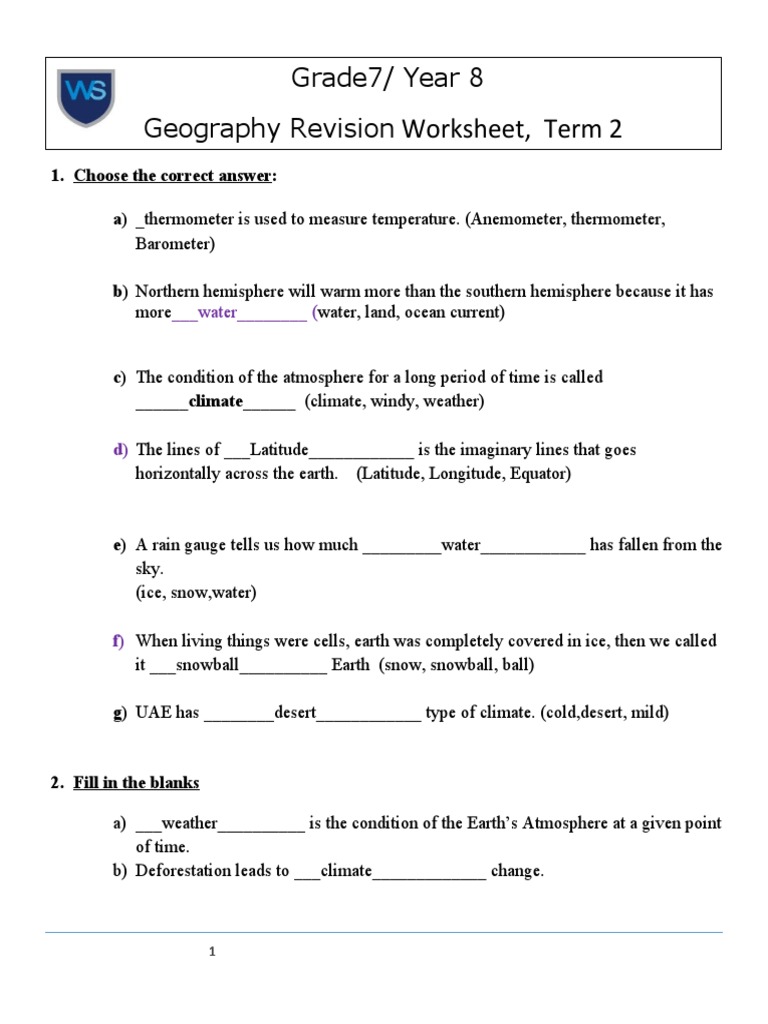 Y8 Geography W13D2-Revision Worksheet | PDF | Cloud | Climate