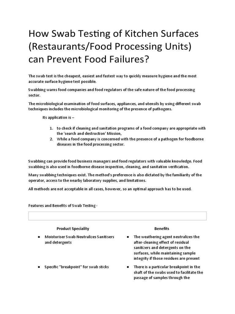 How Swab Testing of Kitchen Surfaces | PDF | Sanitation | Foods