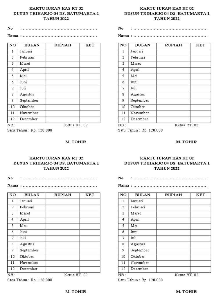 KARTU IURAN KAS RT 02 Blok P DSN Triharjo 04 | PDF