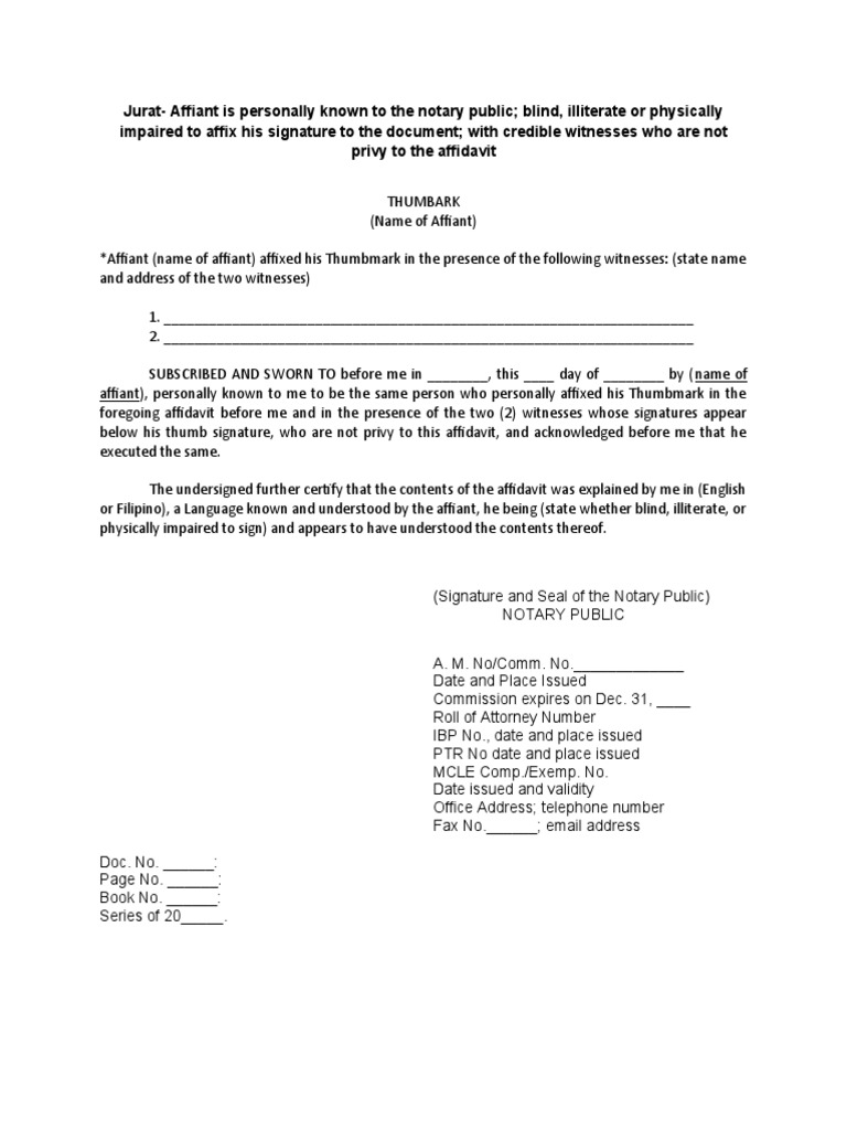 Jurat - Affiant Is Personaly To The Notary Public Blind, Illiterate or ...