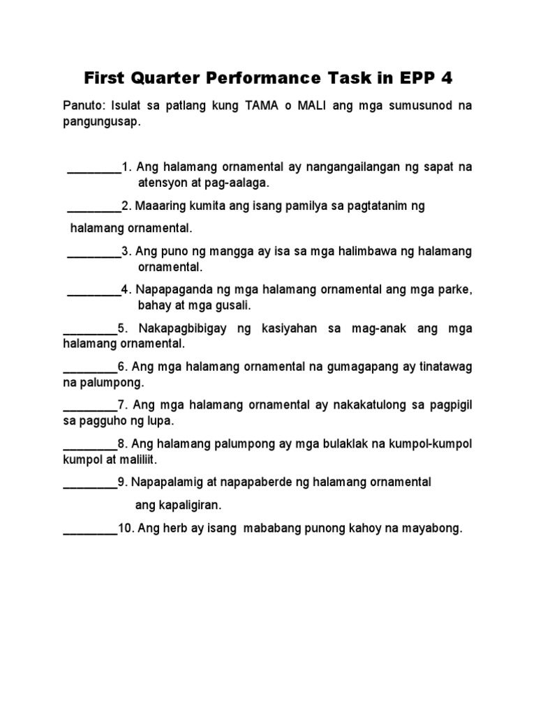 First Quarter Performance Task in EPP 4 | PDF