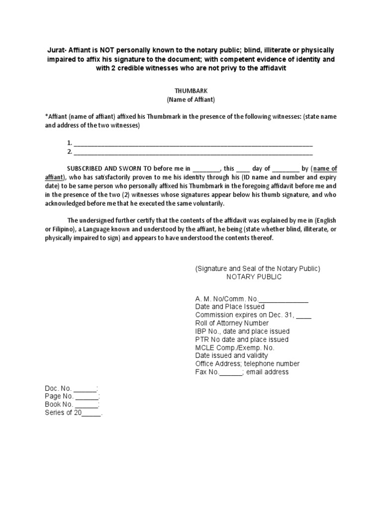 Jurat - Affiant Is NOT Personally Known To The Notary Public Blind ...