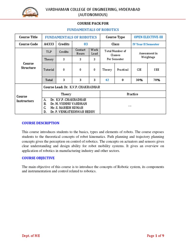 Fundamental of ROBOTICS-COURSE PACK-R18 | PDF