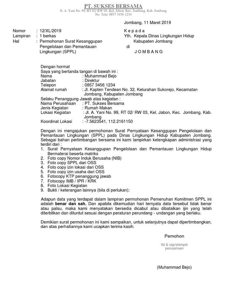Contoh Pengajuan SPPL | PDF