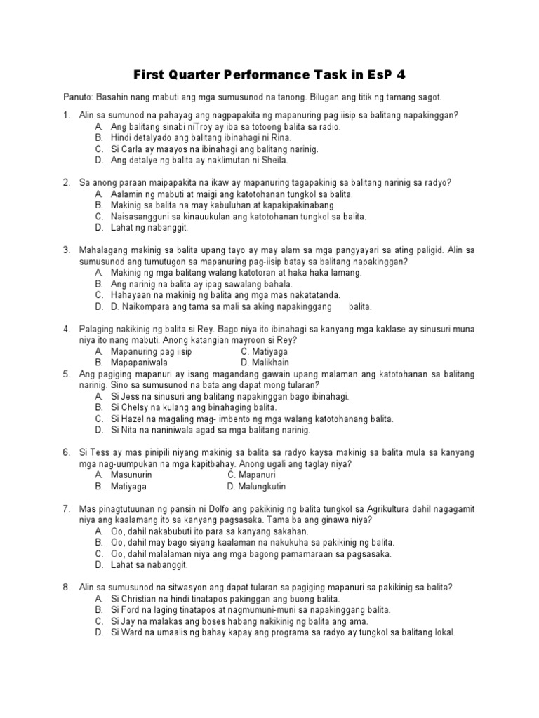 First Quarter Performance Task in EsP 4 | PDF