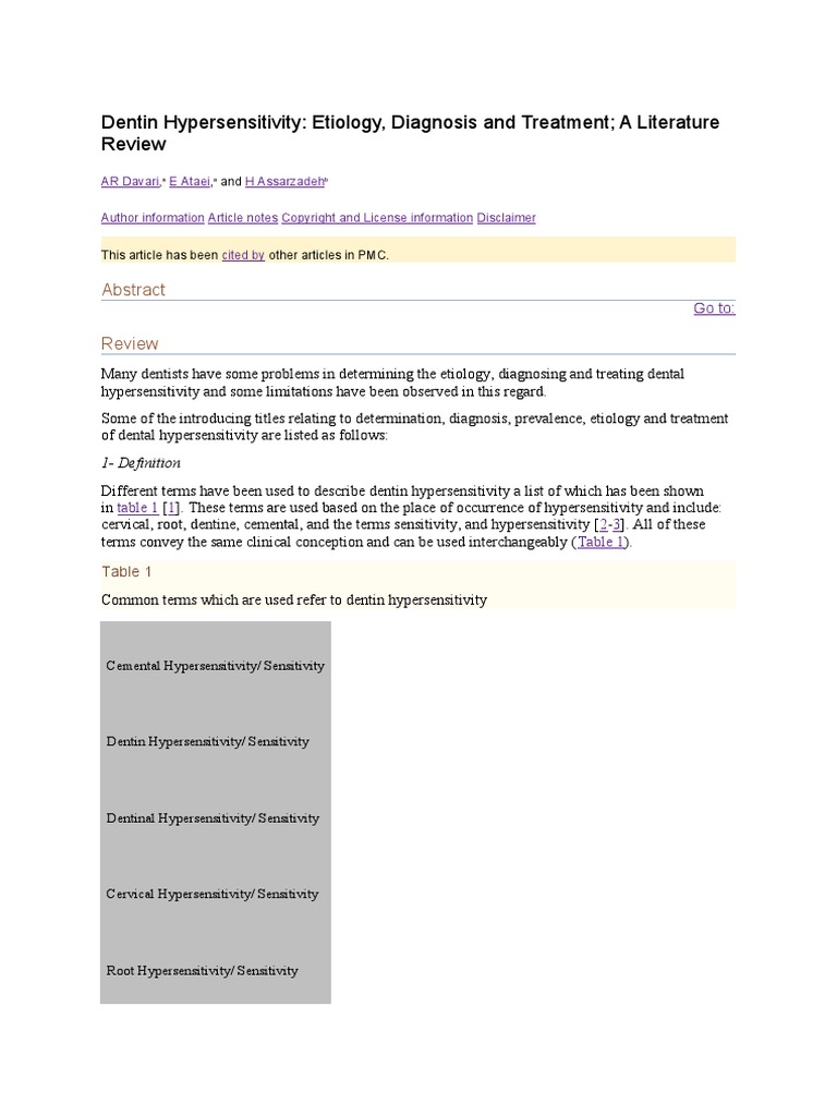 Dentin Hypersensitivity: Etiology, Diagnosis and Treatment A Literature ...
