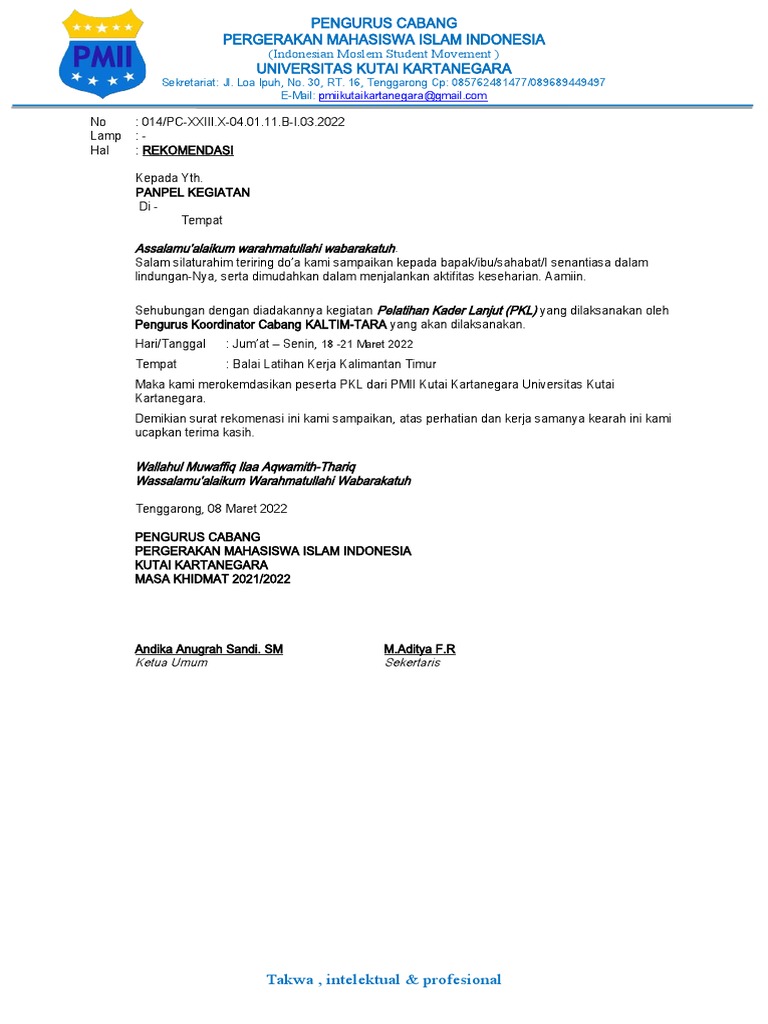 Surat Rekom PMII Kukar 2022 | PDF