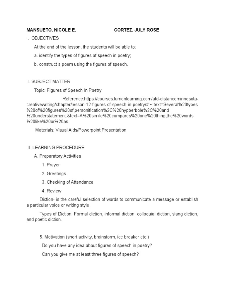 Lesson Plan - Figures of Speech | PDF | Poetry | Metaphor
