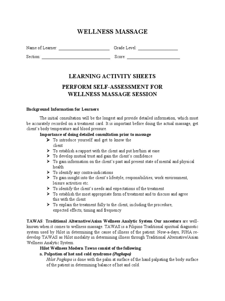 PERFORM SELF-ASSESSMENT FOR Wellness Massage Session | PDF | Hand | Massage