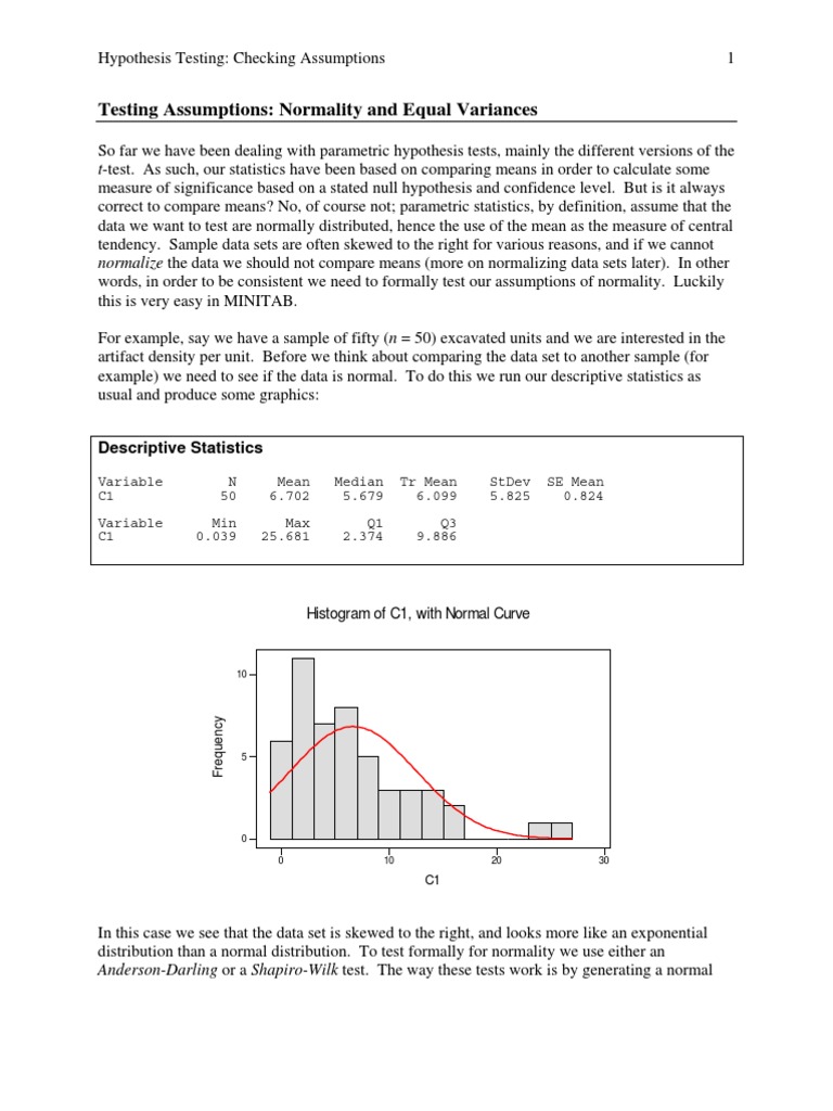Normality and Variance Testing in MINITAB | PDF