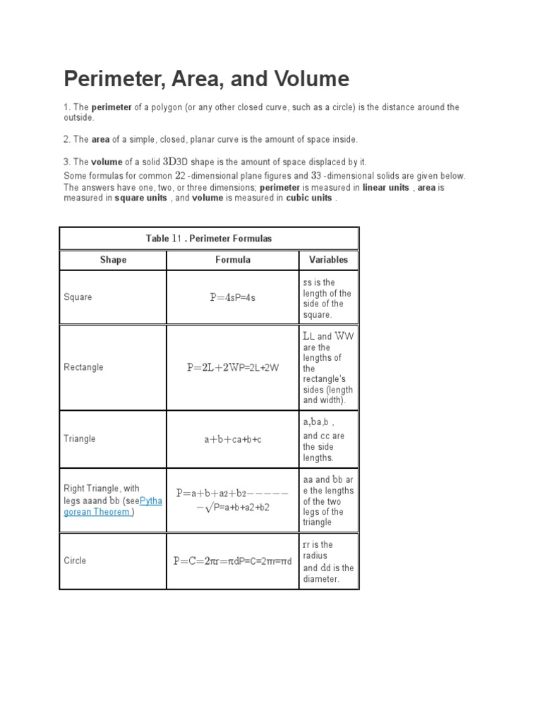 Perimeter, Area, and Volume: Shape Formula Variables | PDF | Area | Length