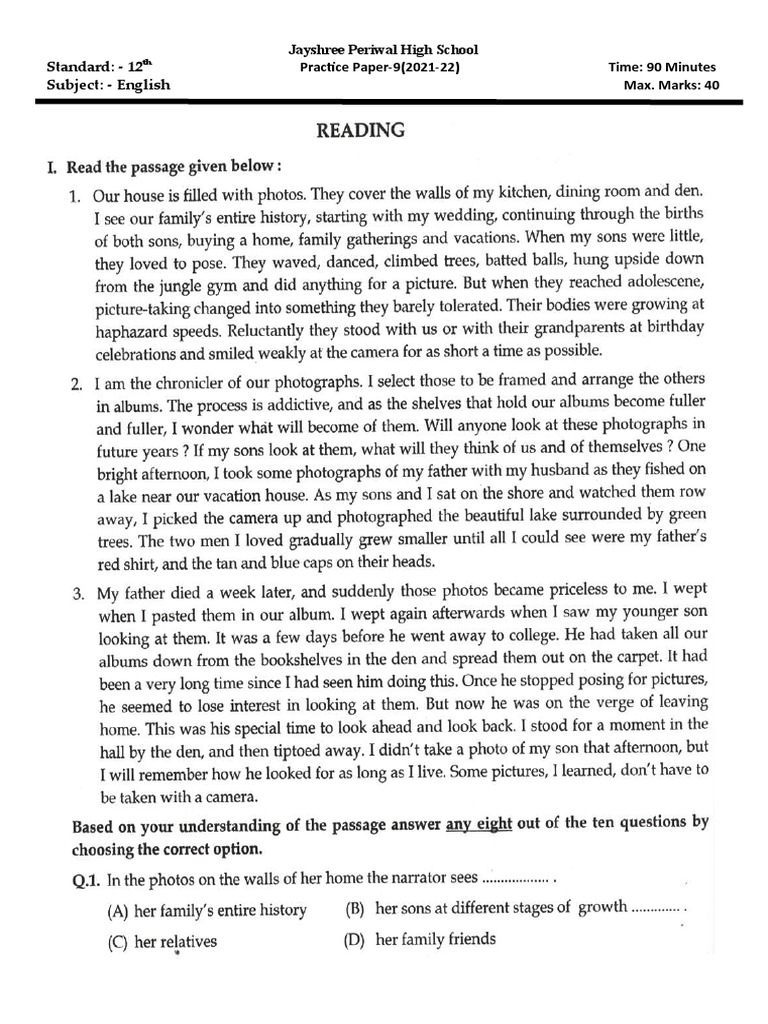 Standard: - 12 Subject: - English: Jayshree Periwal High School ...