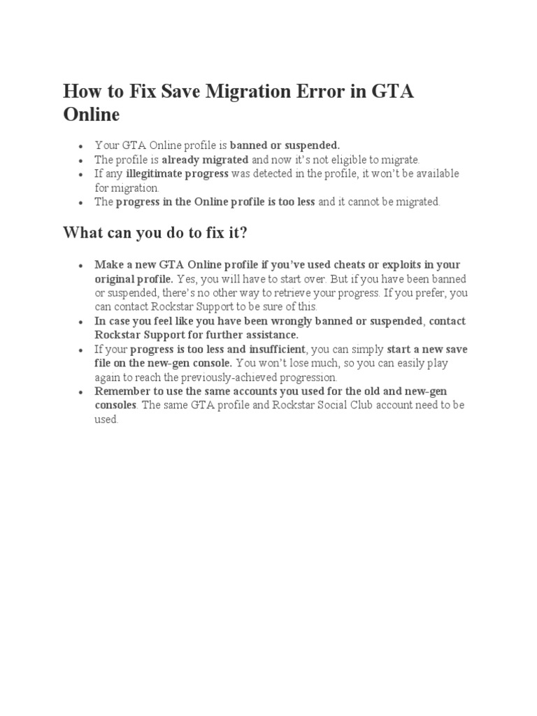 How To Fix Save Migration Error in GTA Online | PDF
