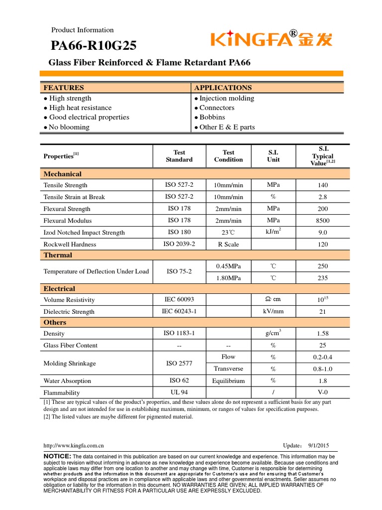 Kingfa PA66-R10G25 Product Data Sheet | PDF | Strength Of Materials | Dust