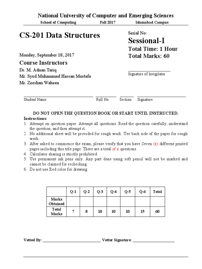 Sessional-I CS-201 Data Structures: Total Time: 1 Hour Total Marks: 60 ...