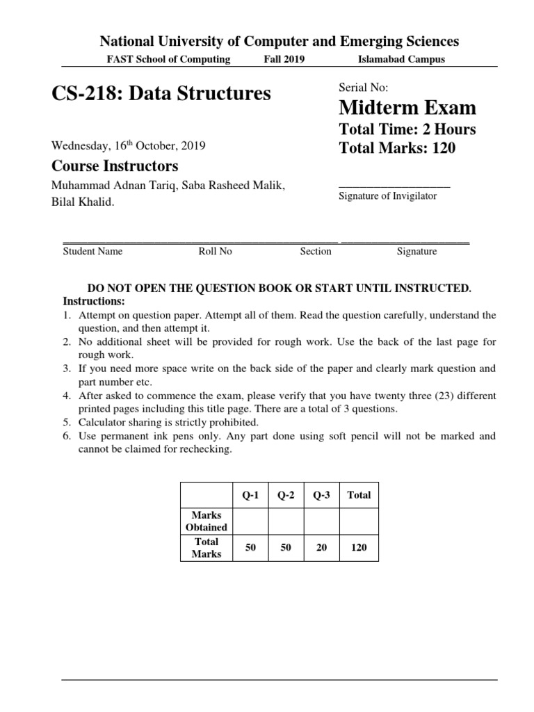 Midterm Exam CS-218: Data Structures: Total Time: 2 Hours Total Marks ...
