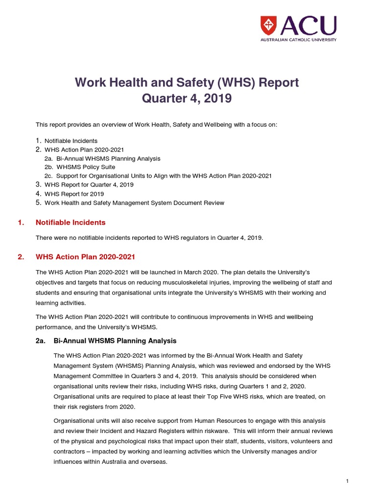 WHS Report Quarter 4 2019 | PDF | Occupational Safety And Health | Risk