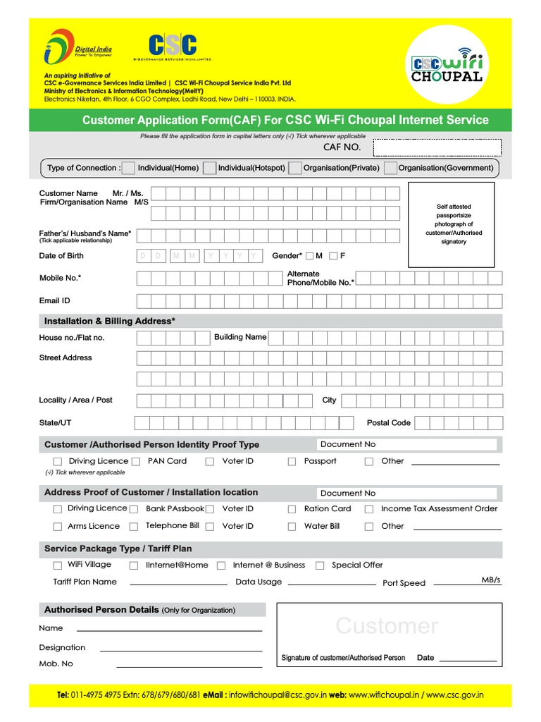 Customer: Customer Application Form (CAF) For | PDF | Internet | Wi Fi