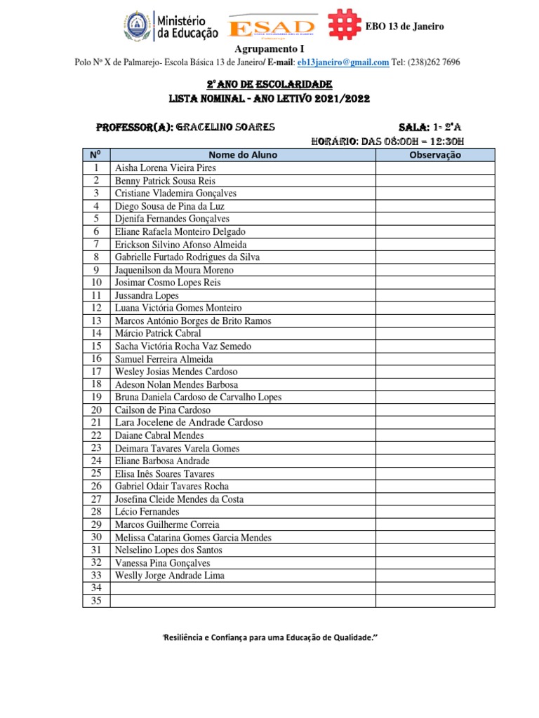 Lista Nominal e Turmas Do 2o Ano | PDF