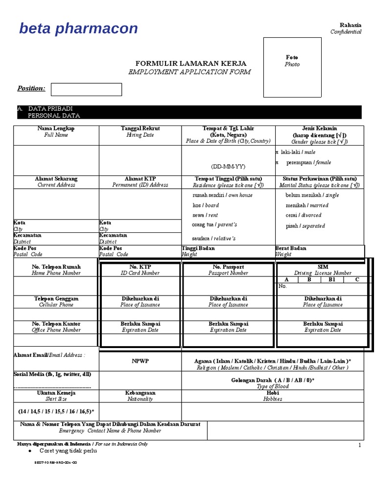 BEST-FORM-HRG-004 Formulir Lamaran Kerja | PDF