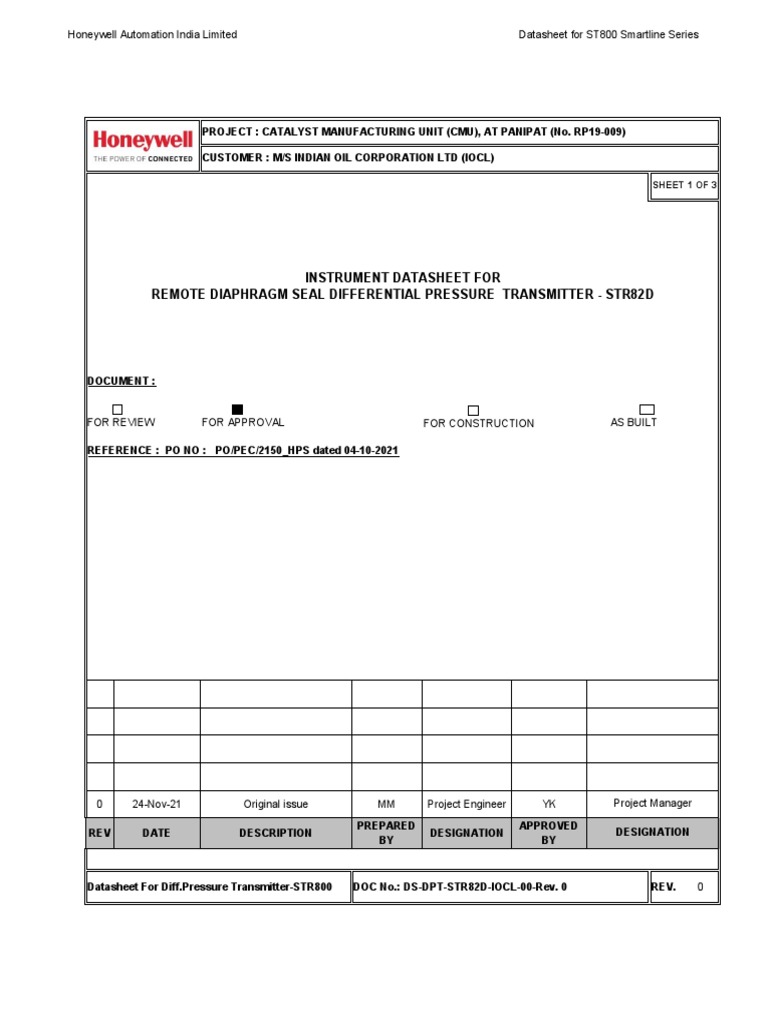 Instrument Datasheet For Remote Diaphragm Seal Differential Pressure ...